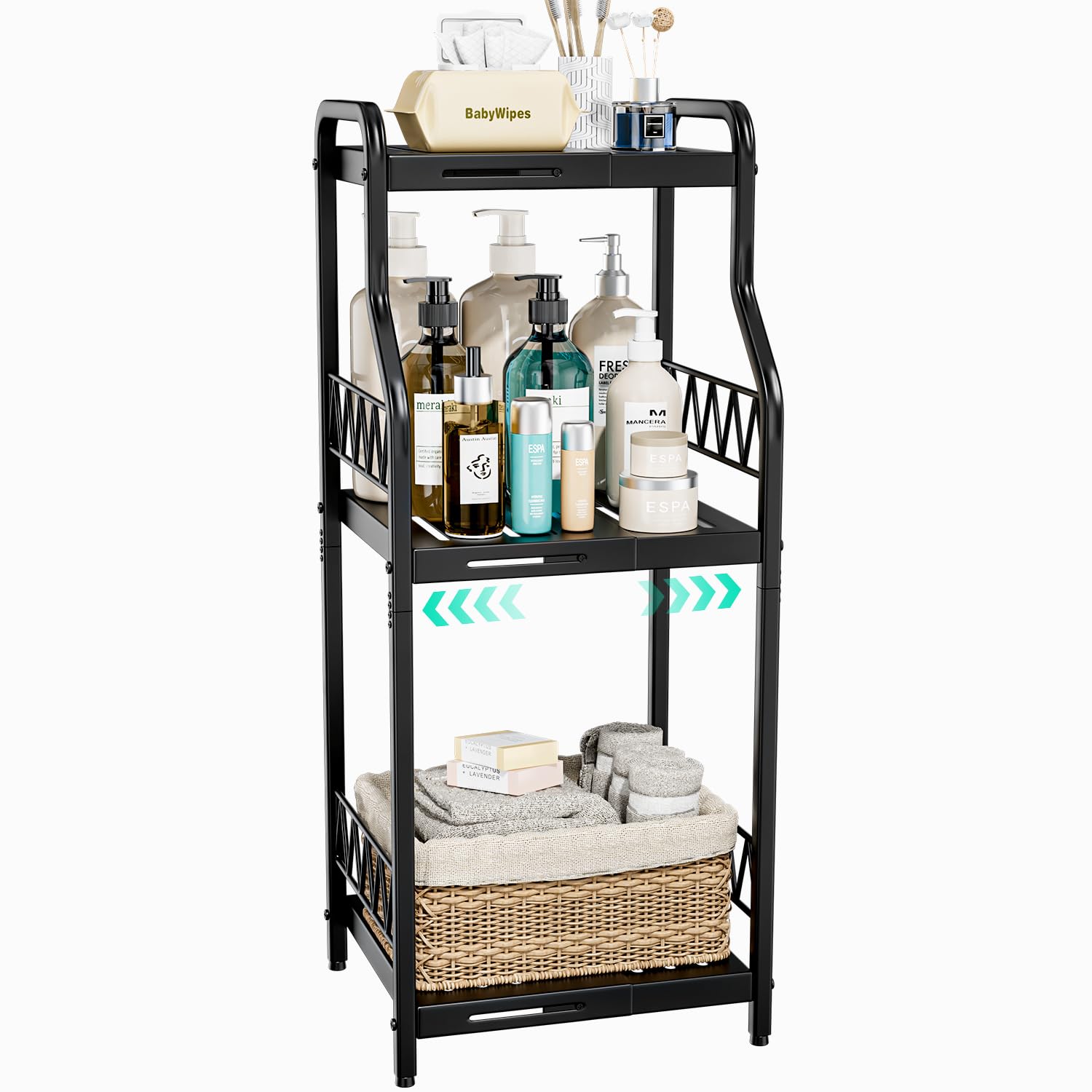 HapiRm Bathroom Shelf Unit Organizer - 3 Tier Expandable Narrow Shelf, Metal Free-Standing Shelves, Open Floor Rack Slim Storage Cabinet, Ideal for Bathroom, Laundry, Kitchen Organization (Black)