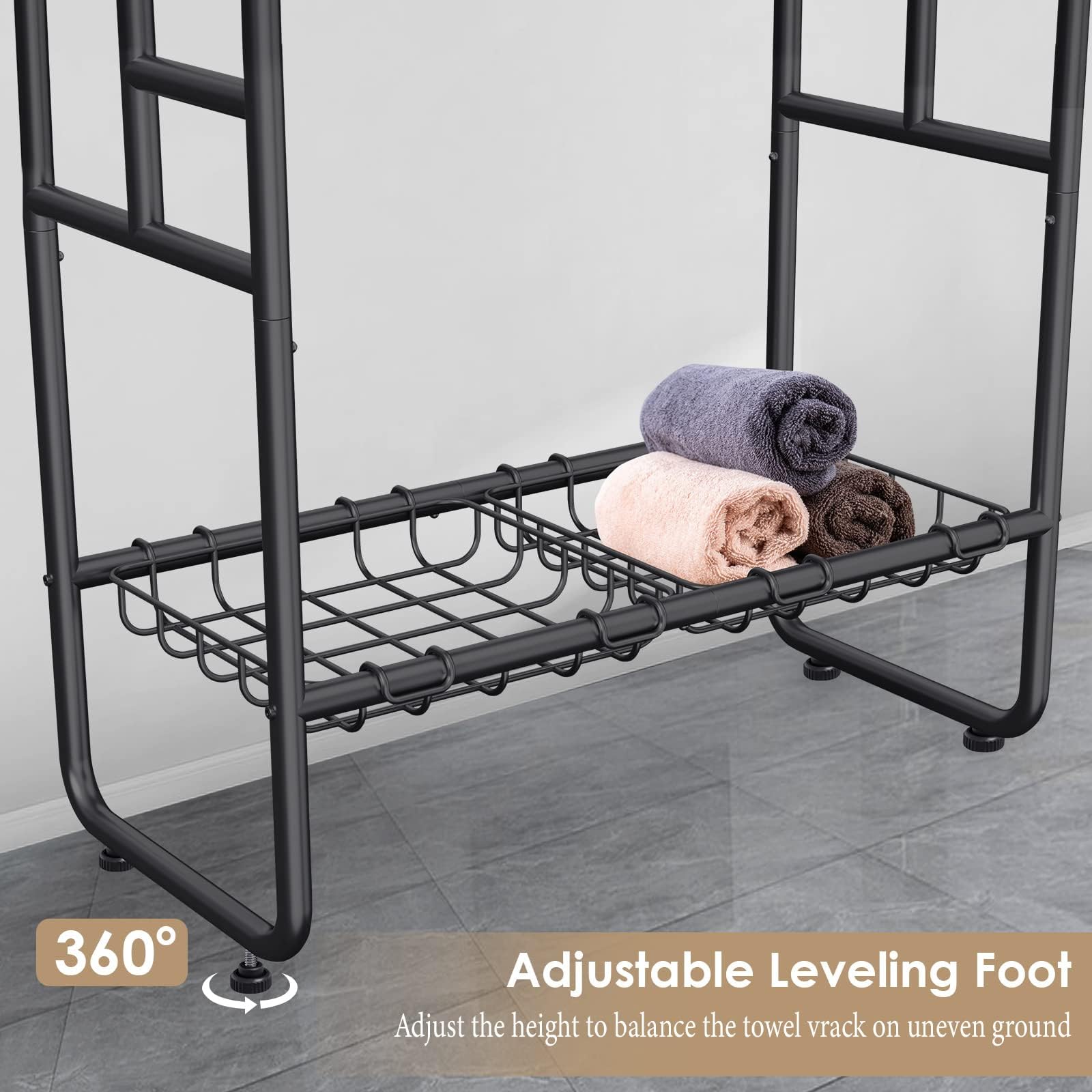 Kayfia 40" Tall Standing Towel Racks, 3 Tier Towel Stand Blanket Rack with 2 Removable Storage Baskets & 6 Hooks, Indoor Outdoor Freestanding Towel Racks for Bathroom Bedroom Organizer (Metal Black)