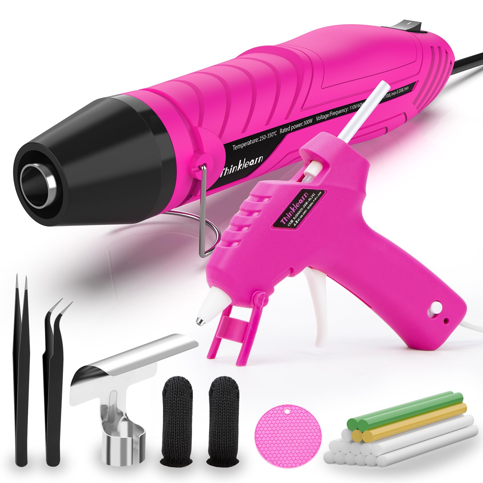 ThinkLearn Heat Gun - Mini Heat Gun for Crafting with 300W, Dual Temp Heat Gun 482°F-662°F, Fast Heat Hot Air Gun&Glue Gun Set with Nozzle, for DIY Craft Embossing Candle Making Shrink Wrapping (Pink)