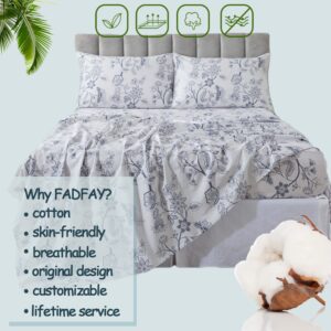 FADFAY 7 Piece 100% Cotton Light Blue Floral Bedding Set Queen Size Bed Sheet Set +Duvet Cover, Soft Toile Flower Complete Bedding(1 Duvet Cover, 1 Fitted Sheet, 1 Flat Sheet + 4 Pillowcase)