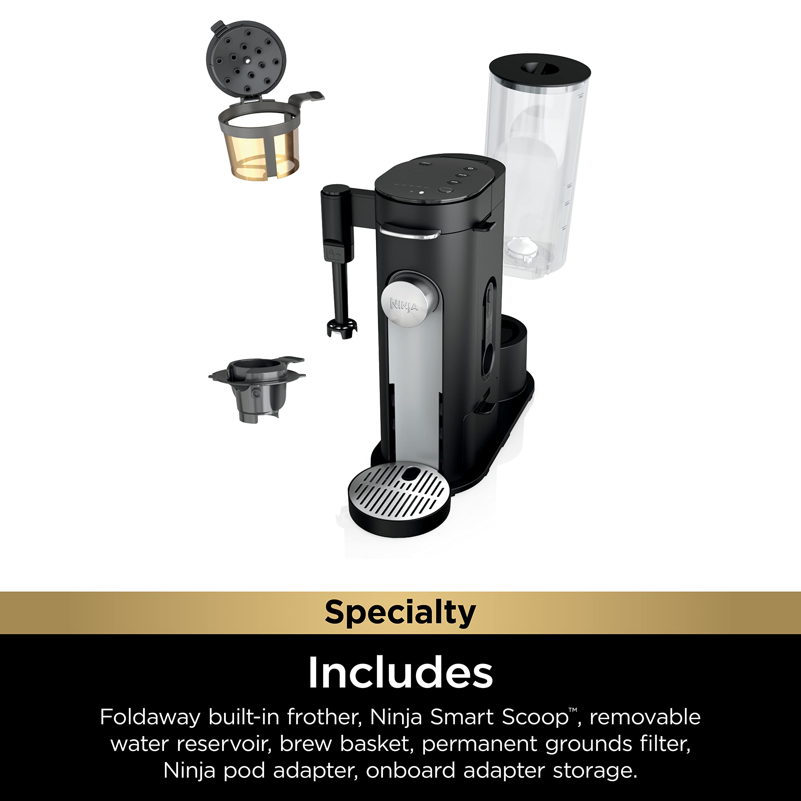 Ninja PB051 Pods & Grounds Specialty Single-Serve Coffee Maker, Compatible with K-Cups, Built-In Milk Frother, 6-oz. Cup to 24-oz. Travel Mug Sizes, Black (Renewed)