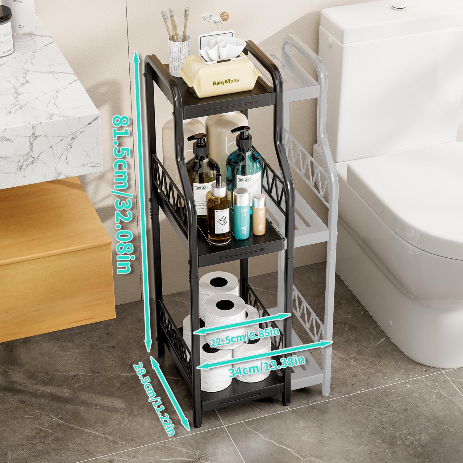 HapiRm Bathroom Shelf Unit Organizer - 3 Tier Expandable Narrow Shelf, Metal Free-Standing Shelves, Open Floor Rack Slim Storage Cabinet, Ideal for Bathroom, Laundry, Kitchen Organization (Black)