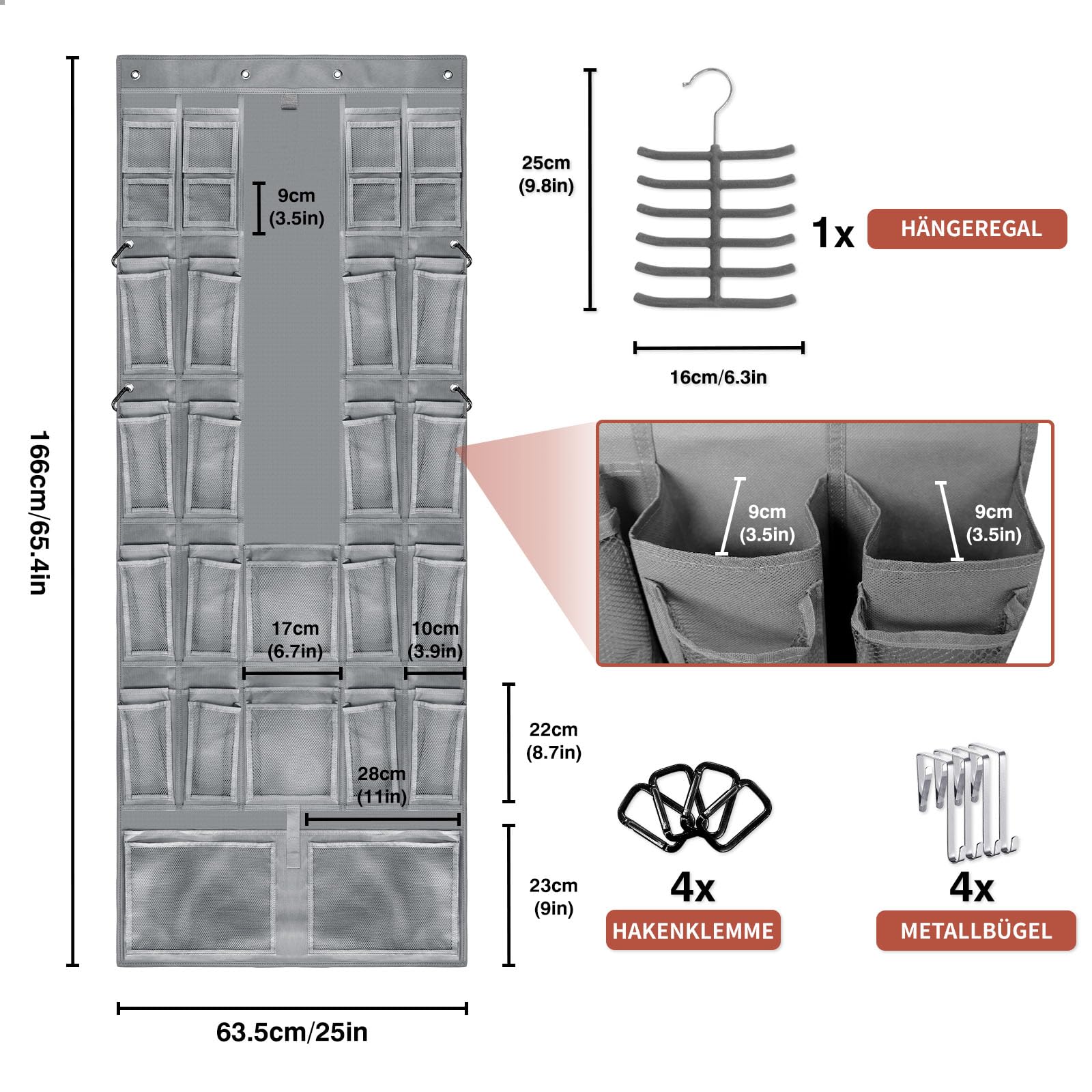 BOHEMIABY Over Door Shoe Organizer 52 Pocket, Non Slip Breathable Save Space, Up to 40 Pounds, Over The Door Shoe Organizer with Polyester, Hanging Shoe Rack For Closet With 24 Shoes, Grey