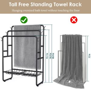 Kayfia 40" Tall Standing Towel Racks, 3 Tier Towel Stand Blanket Rack with 2 Removable Storage Baskets & 6 Hooks, Indoor Outdoor Freestanding Towel Racks for Bathroom Bedroom Organizer (Metal Black)