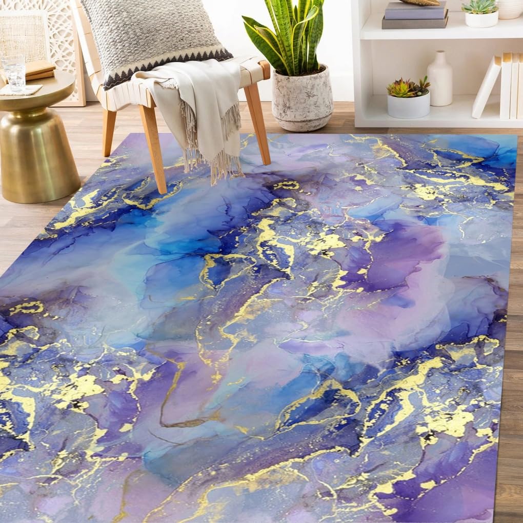 Marble Abstract Indoor Outdoor Area Rug 8x10 Purple Blue Gold Modern Aesthetic Rug for Livingroom Bedroom Luxury Art Decor Diningroom Office Floor Carpet Rug Runner