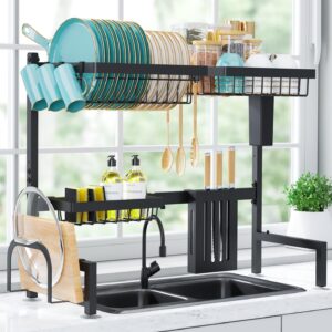 sakugi dish drying rack - large over the sink dish drainer drying rack (30.0" to 33.9" w), large capacity stainless steel dish rack, multifunctional kitchen organizers and storage rack, black