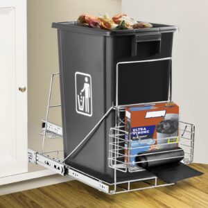 cabinet trash can pull out kit with removable front basket for garbage bag storage, under sink trash can slide for 7-11 gallon/28-44 qt garbage cans kitchen trash can (not include trash can)