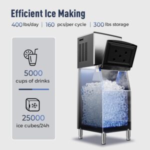 ICEVIVAL Commercial Ice Maker Machine, 400lbs/Daily, 300lbs Storage, SECOP Compressor&ETL, Ice-Ready in 8 to15 mins, Stainless Steel, Commercial Ice Machine for Bar/Cafe/Restaurant/Business