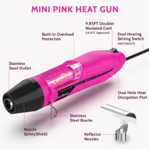 ThinkLearn Heat Gun - Mini Heat Gun for Crafting with 300W, Dual Temp Heat Gun 482°F-662°F, Fast Heat Hot Air Gun&Glue Gun Set with Nozzle, for DIY Craft Embossing Candle Making Shrink Wrapping (Pink)