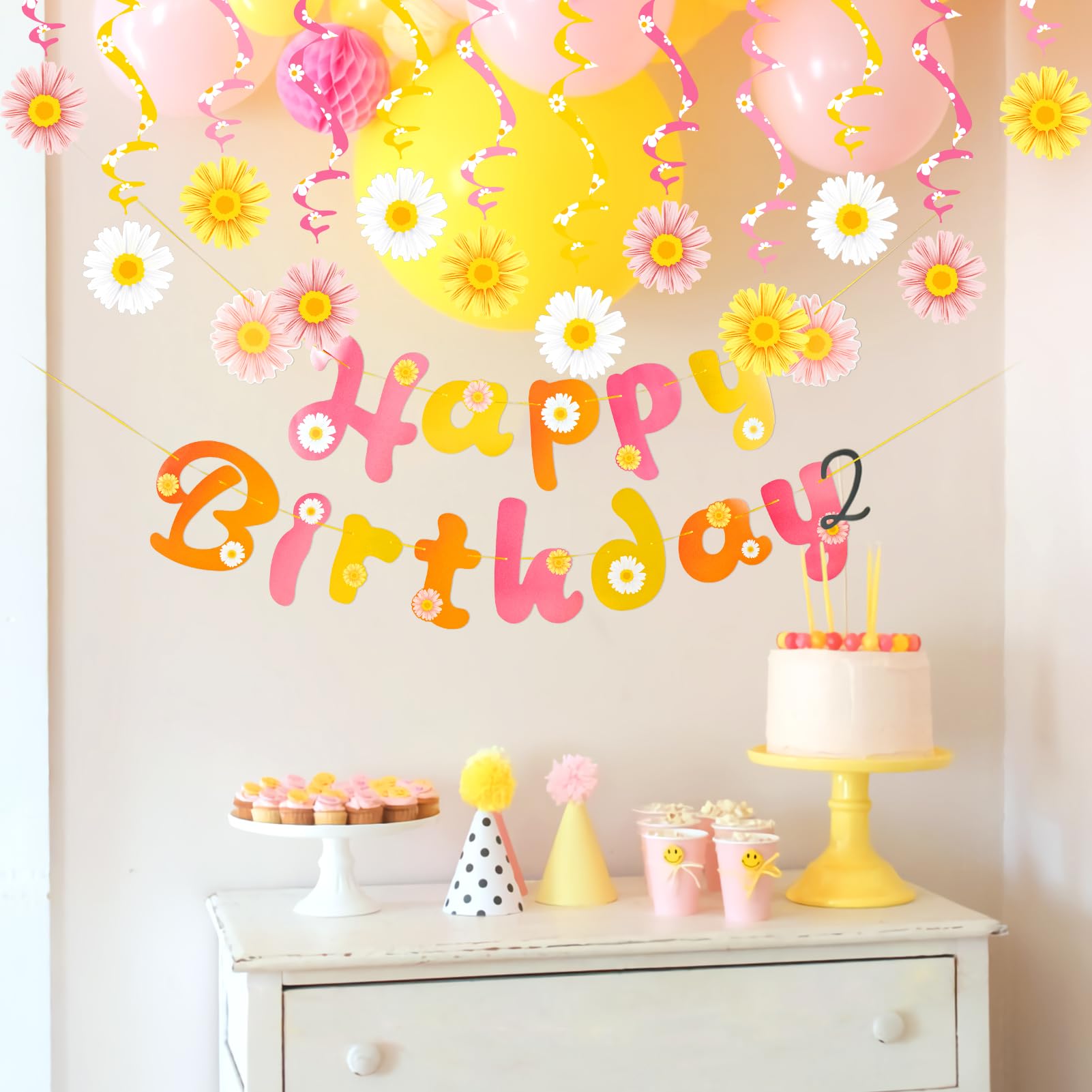 SUNBEAUTY Flower Daisy Birthday Party Decorations Groovy Party Decorations Boho Happy Birthday Party Decorations Daisy Hanging Swirls Retro Hippie Party Party Supplies Baby Shower