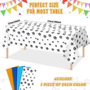 MASHAN 4 Pack Paw Print Plastic Tablecloths,Blue Orange Puppy Table Cloth Disposable Rectangle Table Covers for Kids Birthday Party, Dog Puppy Birthday Party Decorations and Supplies, 108 * 54inch