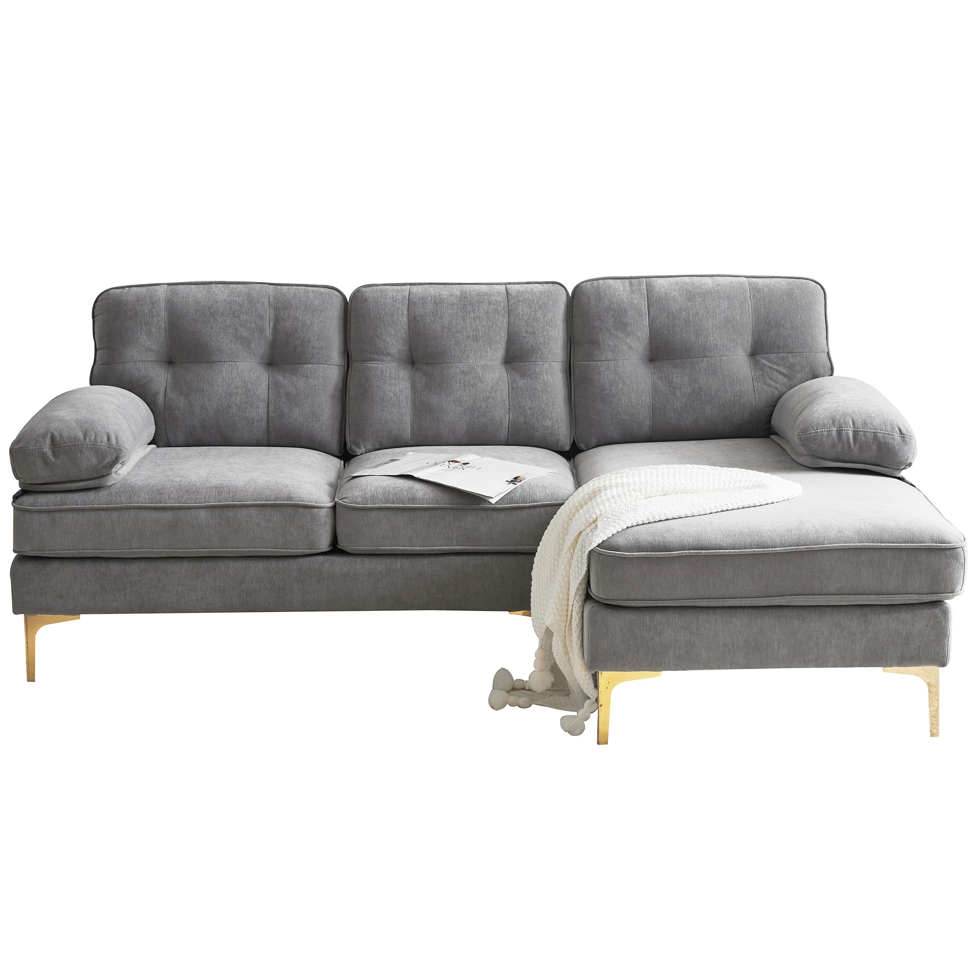 P PURLOVE Modern 3 Seater Sectional Sofa, L Shape Sofa with Comfortable Soft Back and Armrest, Modern Luxury Velvet Couch with Strong Metal Legs for Living Room Bedroom (Light Grey)