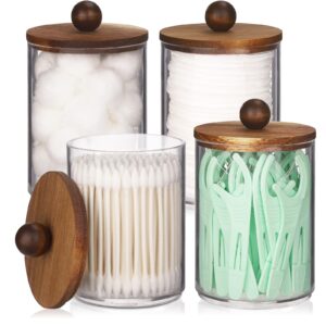 tbestmax qtip holder with wood lids, 10oz plastic apothecary jars for cotton ball, cotton swab, floss, clear bathroom containers storage and organizer