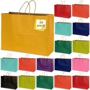 blewindz 50pcs kraft gift bags bulk large size 16"x6"x12", colorful paper bags with handles, shopping bags for grocery, party favor bags, wedding bags (10 colors)