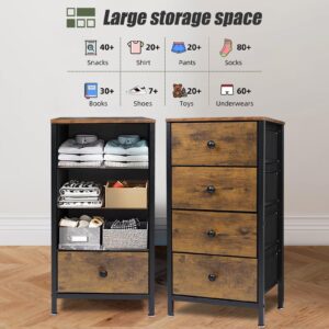 Front & Top Wood Storage Chest of Drawers for Small Space - 16"L ×12"W ×31.5"H Wood and Steel Storage Tower with Removable 4 Fabric Drawers, Combination Dresser for Bedroom,Entryway,Corner,Dark Brown