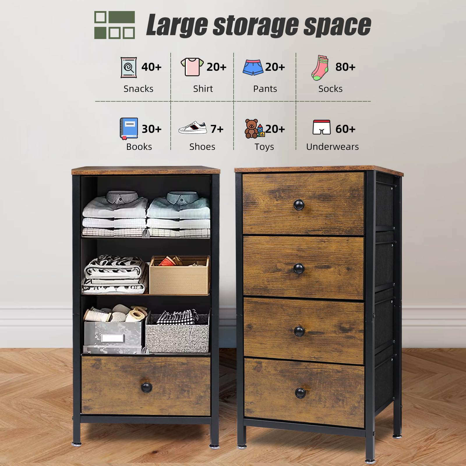 Front & Top Wood Storage Chest of Drawers for Small Space - 16"L ×12"W ×31.5"H Wood and Steel Storage Tower with Removable 4 Fabric Drawers, Combination Dresser for Bedroom,Entryway,Corner,Dark Brown