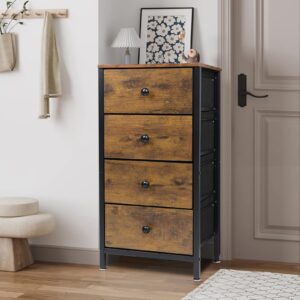 front & top wood storage chest of drawers for small space - 16"l ×12"w ×31.5"h wood and steel storage tower with removable 4 fabric drawers, combination dresser for bedroom,entryway,corner,dark brown