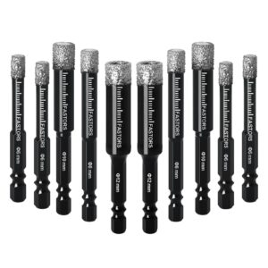 fastors dry diamond drill bit set,10-pack diamond core drill bits for tile ceramic marble granite glass brick stone,1/4 hex shank size 6,8,10,12 mm