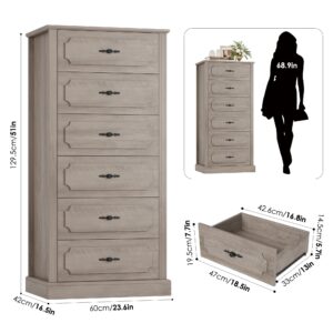 FINETONES 6 Drawer Grey Dresser, 51" Tall Dresser Wood Dresser Chest of Drawers with Large Storage Space, 6 Drawer Dresser Tall Floor Storage Cabinet for Home Office, Ash Grey