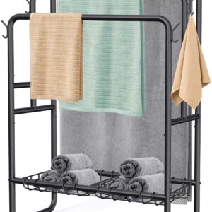 Kayfia 40" Tall Standing Towel Racks, 3 Tier Towel Stand Blanket Rack with 2 Removable Storage Baskets & 6 Hooks, Indoor Outdoor Freestanding Towel Racks for Bathroom Bedroom Organizer (Metal Black)