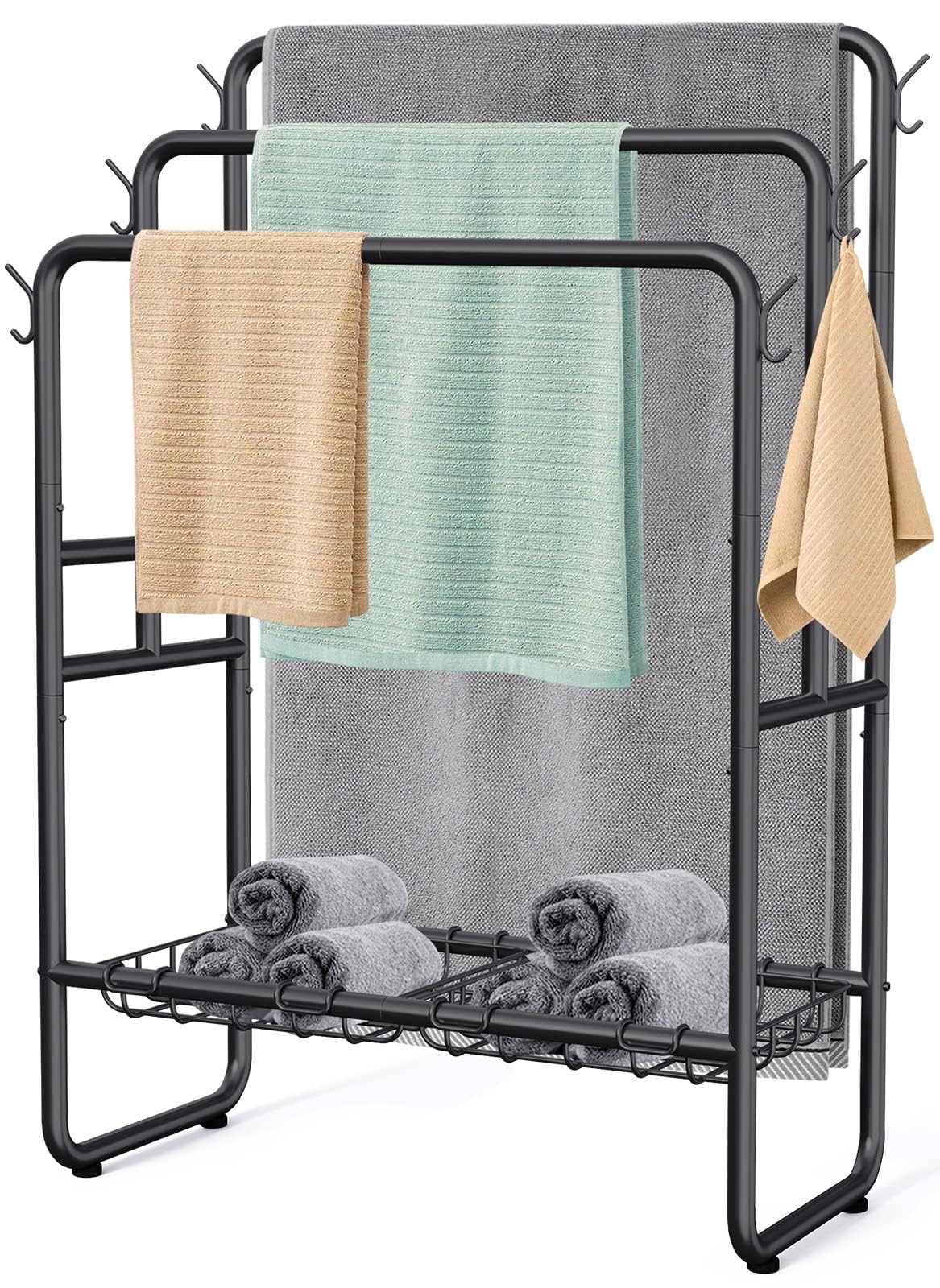 Kayfia 40" Tall Standing Towel Racks, 3 Tier Towel Stand Blanket Rack with 2 Removable Storage Baskets & 6 Hooks, Indoor Outdoor Freestanding Towel Racks for Bathroom Bedroom Organizer (Metal Black)