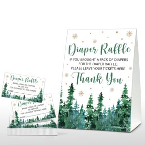 winter woodland diaper raffle game, christmas baby shower game sign, christmas gender neutral party favors, winter party decorations favors (1 sign + 50 raffle tickets) - a07