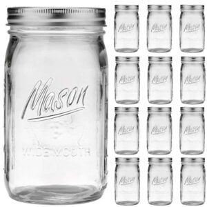 wide mouth mason jars 32 oz - 12 pack large glass mason jars with airtight lids and bands, 1 quart mason jars for pickling, canning, fermenting and food storage, microwave & dishwasher safe