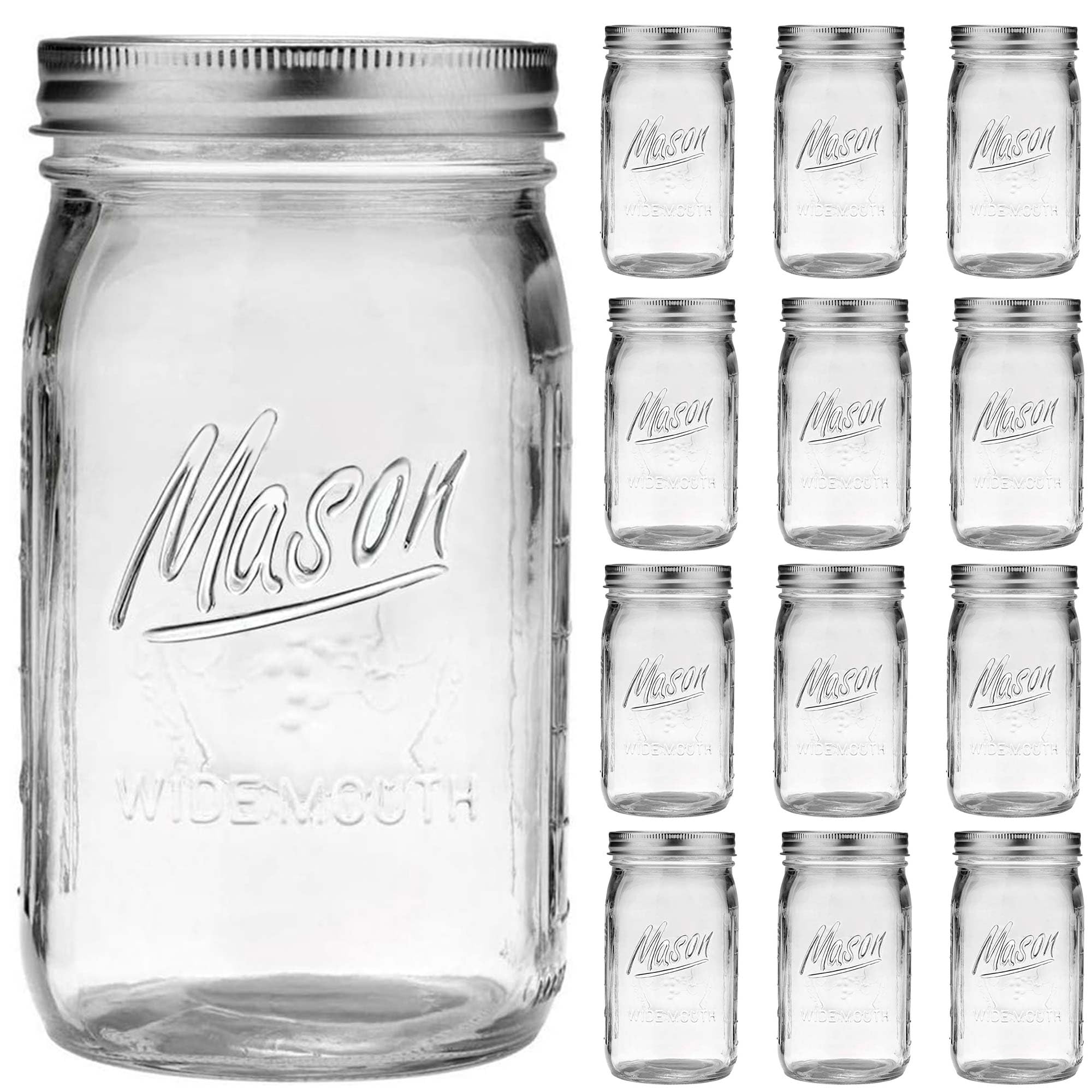 Wide Mouth Mason Jars 32 oz - 12 Pack Large Glass Mason Jars with Airtight Lids and Bands, 1 Quart Mason Jars for Pickling, Canning, Fermenting and Food Storage, Microwave & Dishwasher Safe