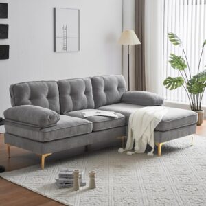 P PURLOVE Modern 3 Seater Sectional Sofa, L Shape Sofa with Comfortable Soft Back and Armrest, Modern Luxury Velvet Couch with Strong Metal Legs for Living Room Bedroom (Light Grey)