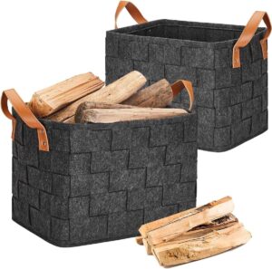 gib large woven felt storage baskets with handles, 16"x11.8"x11.5" fabric wicker storage baskets foldable collapsible storage bins for blankets toys clothes shoes, black/dark grey, 2 pack