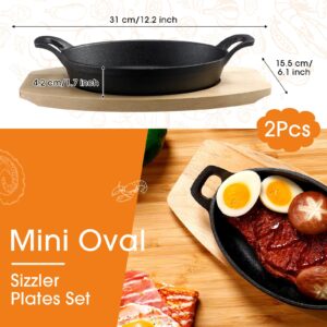 Mifoci 2 Sets Cast Iron Skillet with Wooden Base Mini Cast Iron Fajita Plates Cast Iron Baker's Skillet Matte Black Small Cast Iron Pan for Kitchen Restaurant Barbecue Dinner (8.5 x 6.1 x 1.7 Inches)