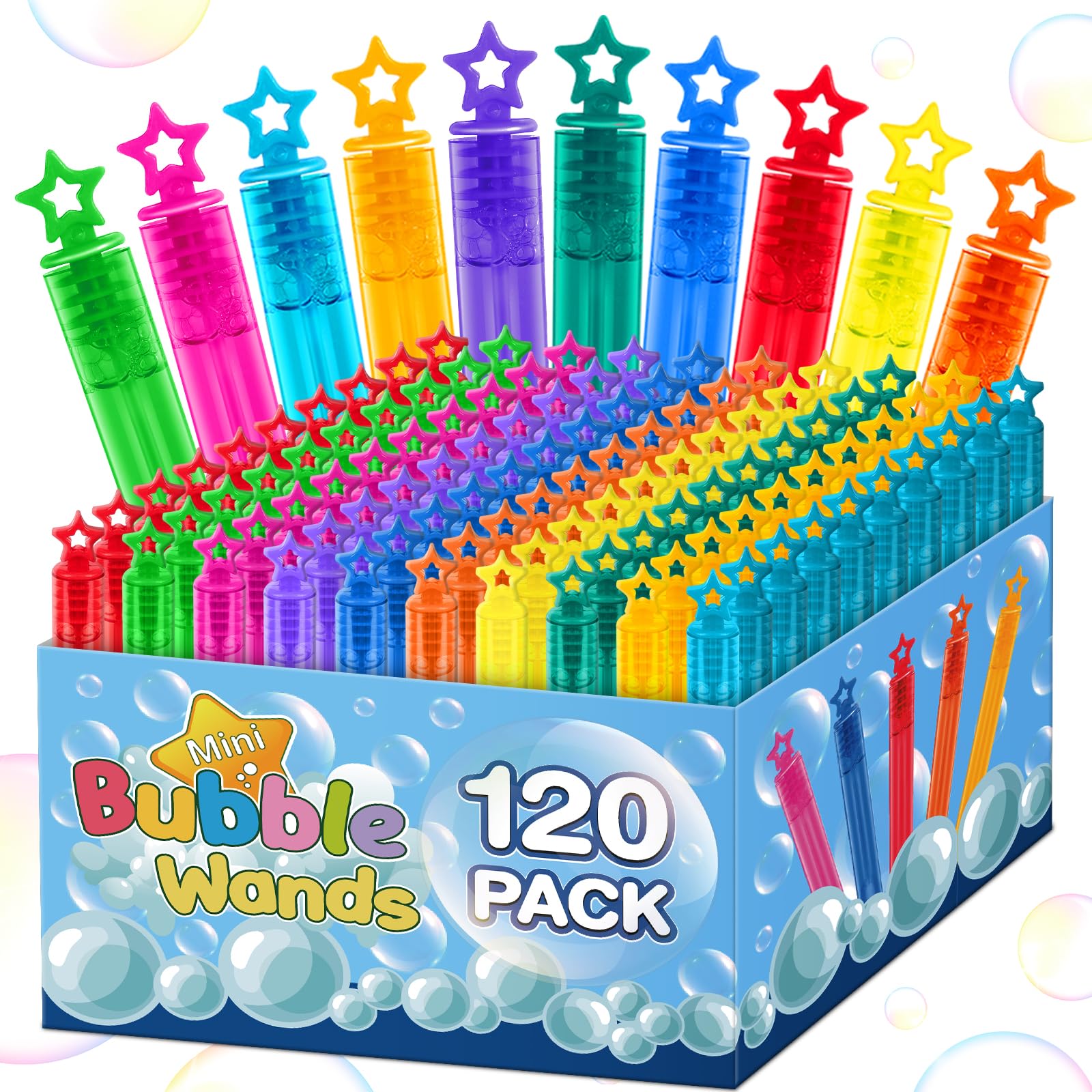 120 Pcs Mini Bubble Wands in 6 Colors, Bulk Party Favors for Kids, Themed Birthday, Christmas, New Year, Valentine, Carnival, School Classroom Prizes for Boys & Girls, Ideal Goodies Bags Stuffers