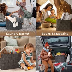 GIB Large Woven Felt Storage Baskets with Handles, 16"x11.8"x11.5" Fabric Wicker Storage Baskets Foldable Collapsible Storage Bins for Blankets Toys Clothes Shoes, Black/Dark Grey, 2 Pack