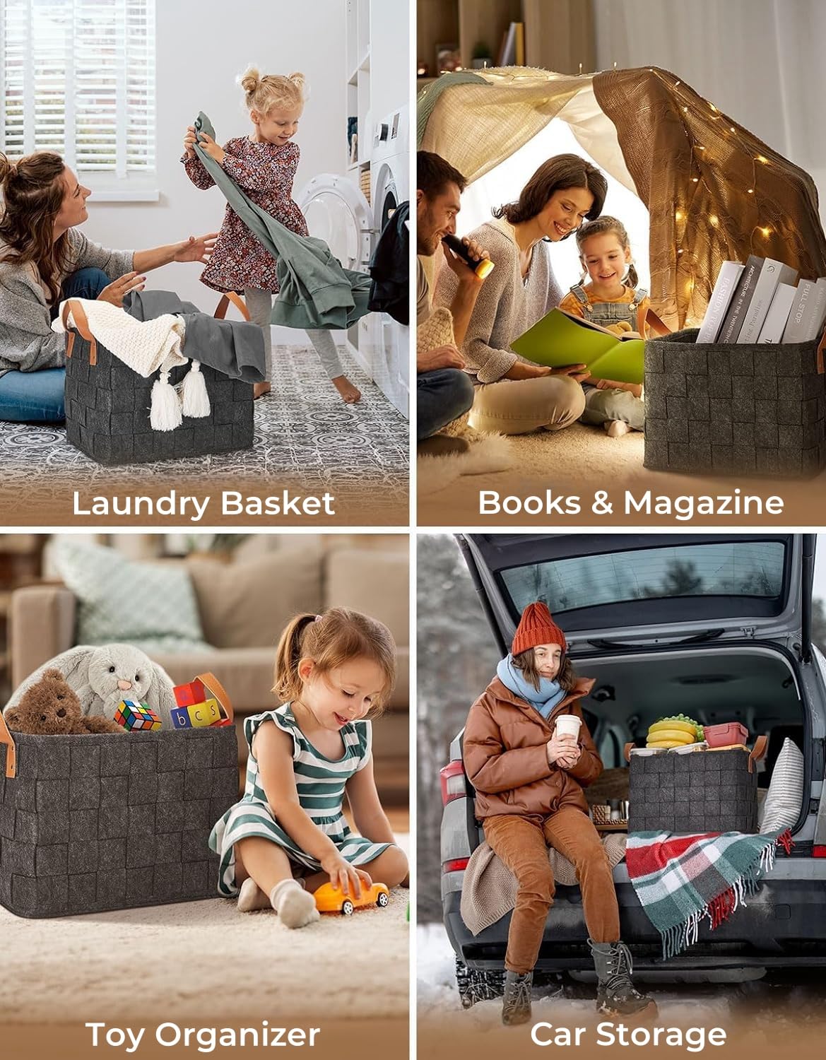 GIB Large Woven Felt Storage Baskets with Handles, 16"x11.8"x11.5" Fabric Wicker Storage Baskets Foldable Collapsible Storage Bins for Blankets Toys Clothes Shoes, Black/Dark Grey, 2 Pack