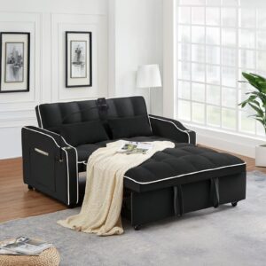 pull out sofa bed with phone holder, convertible velvet loveseat sleeper with 2 usb charging ports, modern futon couch with cup holders and adjustable backrest, small love seat for living room, black