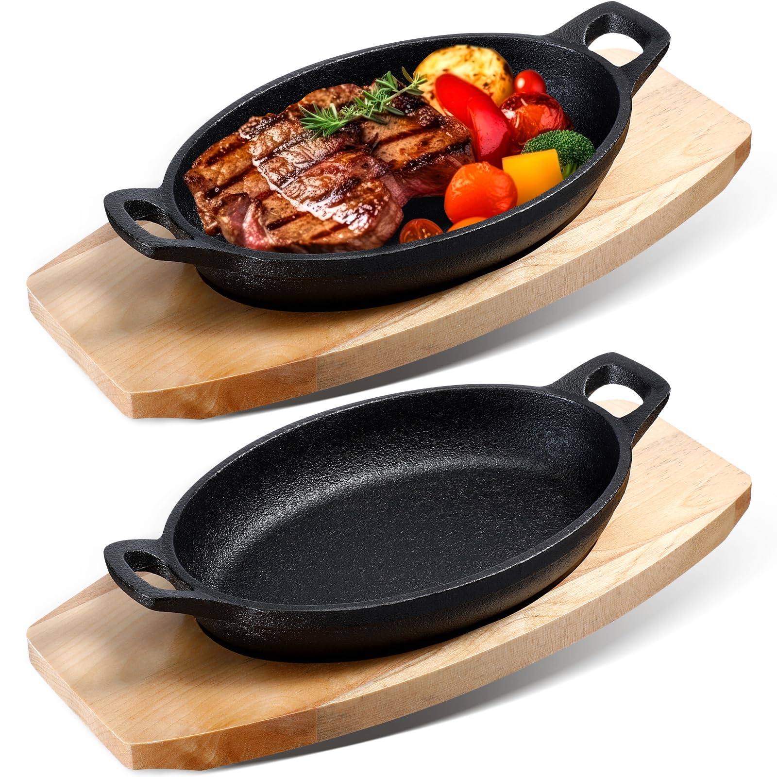 Mifoci 2 Sets Cast Iron Skillet with Wooden Base Mini Cast Iron Fajita Plates Cast Iron Baker's Skillet Matte Black Small Cast Iron Pan for Kitchen Restaurant Barbecue Dinner (8.5 x 6.1 x 1.7 Inches)