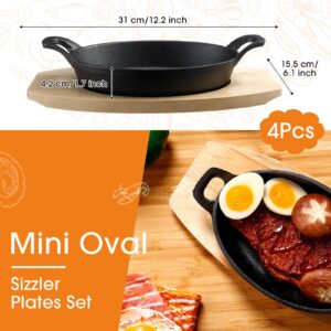 Mifoci Set of 4 Cast Iron Mini Oval Serving Dish Pans with Wooden Base 8oz Mini Cast Fajitas Iron Small Iron Skillet Dishes Black Little Pans Skillets for Baking Roasting (8.5 x 6.1 x 1.7 Inch)