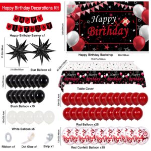 Red Birthday Decorations for Men Women Boys Girls, 75 PCS Red and Black Party Decorations Happy Birthday Backdrop Banner Party Supplies Confetti Star White Red and Black Balloons Arch Tablecloth