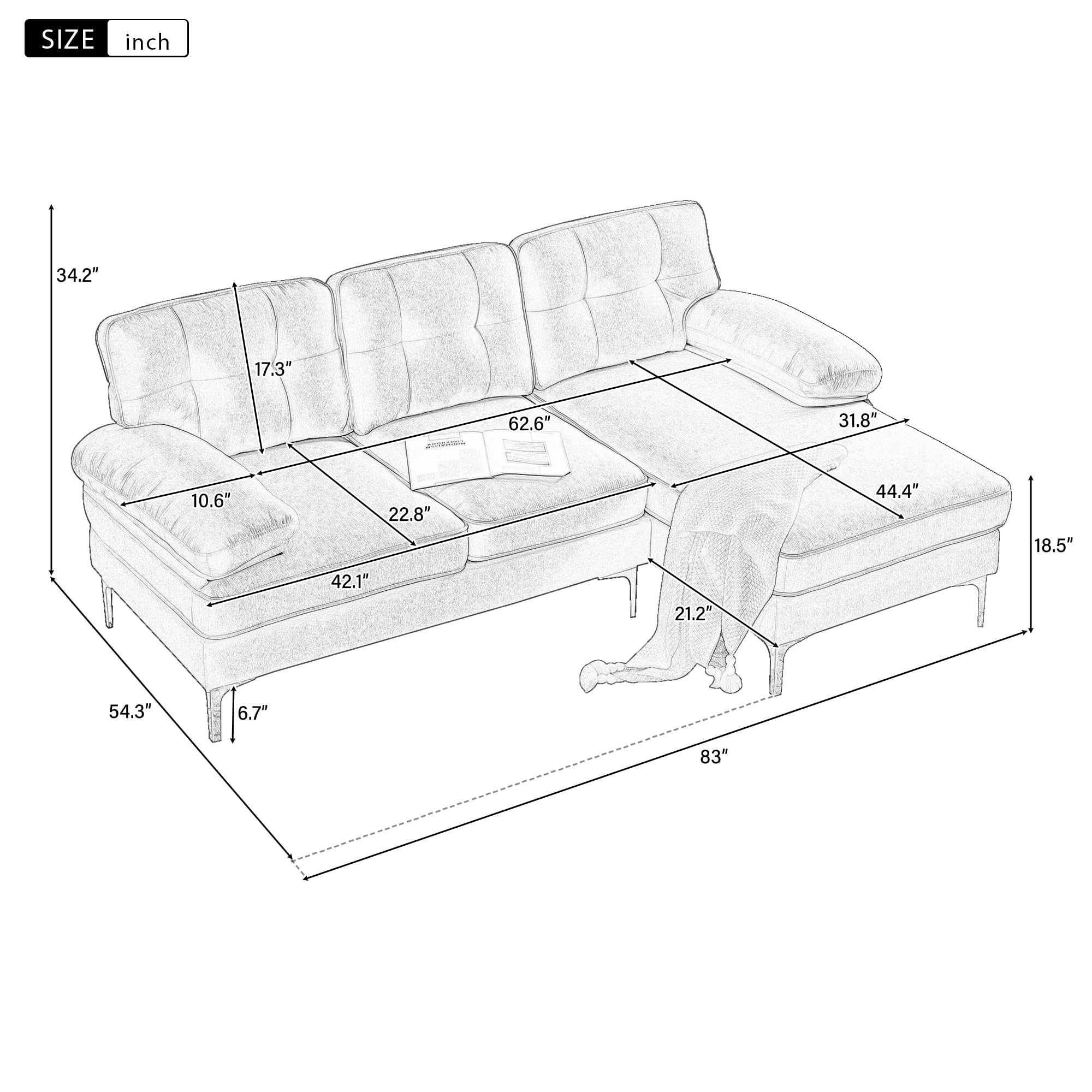 P PURLOVE Modern 3 Seater Sectional Sofa, L Shape Sofa with Comfortable Soft Back and Armrest, Modern Luxury Velvet Couch with Strong Metal Legs for Living Room Bedroom (Light Grey)