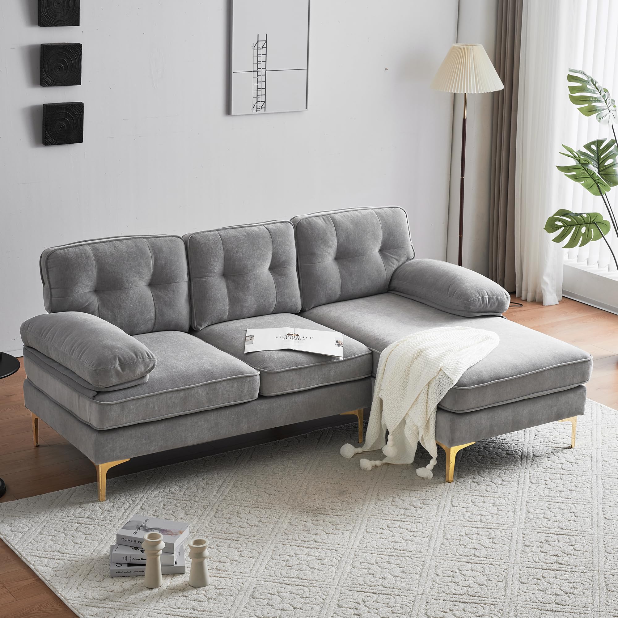 P PURLOVE Modern 3 Seater Sectional Sofa, L Shape Sofa with Comfortable Soft Back and Armrest, Modern Luxury Velvet Couch with Strong Metal Legs for Living Room Bedroom (Light Grey)