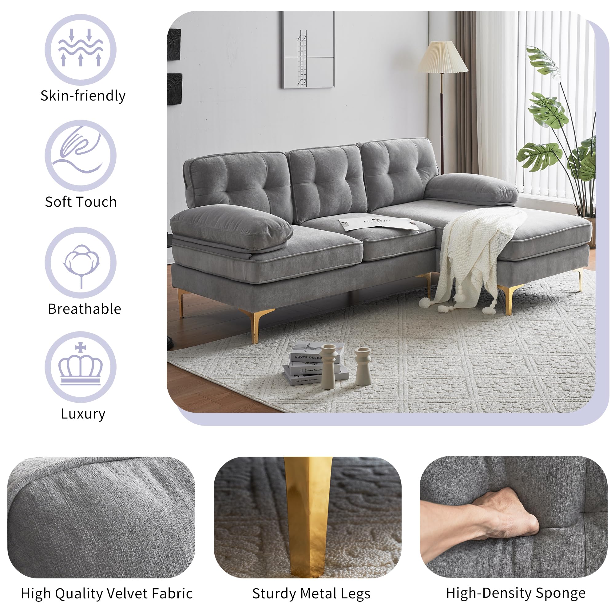 P PURLOVE Modern 3 Seater Sectional Sofa, L Shape Sofa with Comfortable Soft Back and Armrest, Modern Luxury Velvet Couch with Strong Metal Legs for Living Room Bedroom (Light Grey)