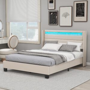 alazyhome upholstered queen bed frame with headboard led lights platform bed wooden slats support non-slip and noise-free easy assembly linen beige