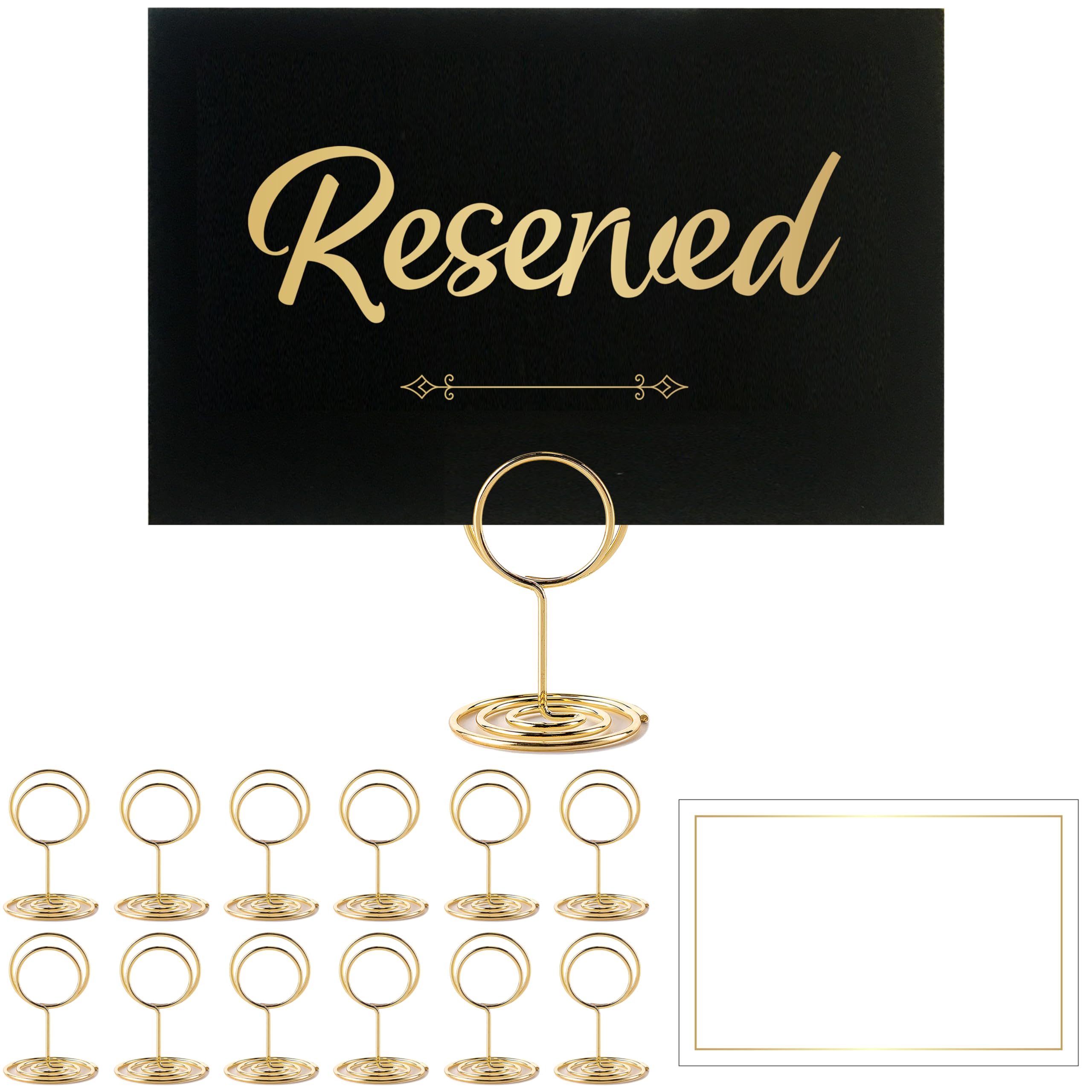 12 Pack- Gold Foil Reserved Signs for Wedding and Restaurant Tables with Stand and White Card - Elegant Seating Signs (Black)