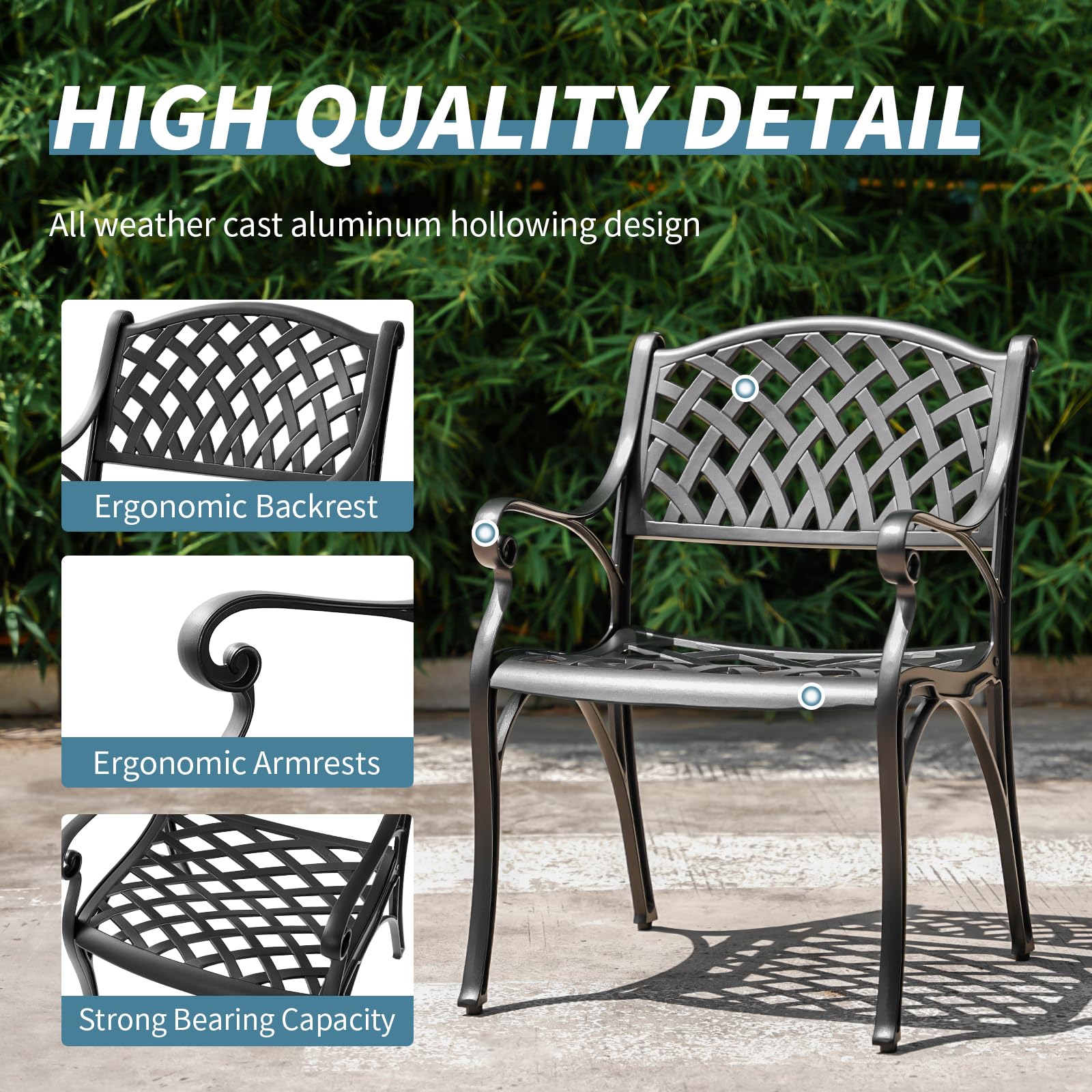 PATIO-IN Cast Aluminum Patio Dining Chairs Set of 4, All Weather Cast Aluminum Bistro Chairs with Armrest, Patio Bistro Chairs, 4 Piece Outdoor Dinning Chairs for Balcony, Backyard, Garden