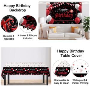 Red Birthday Decorations for Men Women Boys Girls, 75 PCS Red and Black Party Decorations Happy Birthday Backdrop Banner Party Supplies Confetti Star White Red and Black Balloons Arch Tablecloth