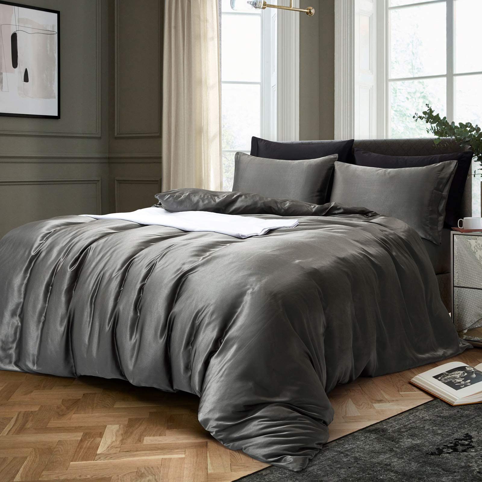 Queen Size Duvet Cover Set 4 Piece Satin Queen Size Dark Gray Duvet Cover Set (Duvet Cover + Fitted Sheet 15'' + 2 Pillow Shams) with Zipper Closure Duvet Fitted Set