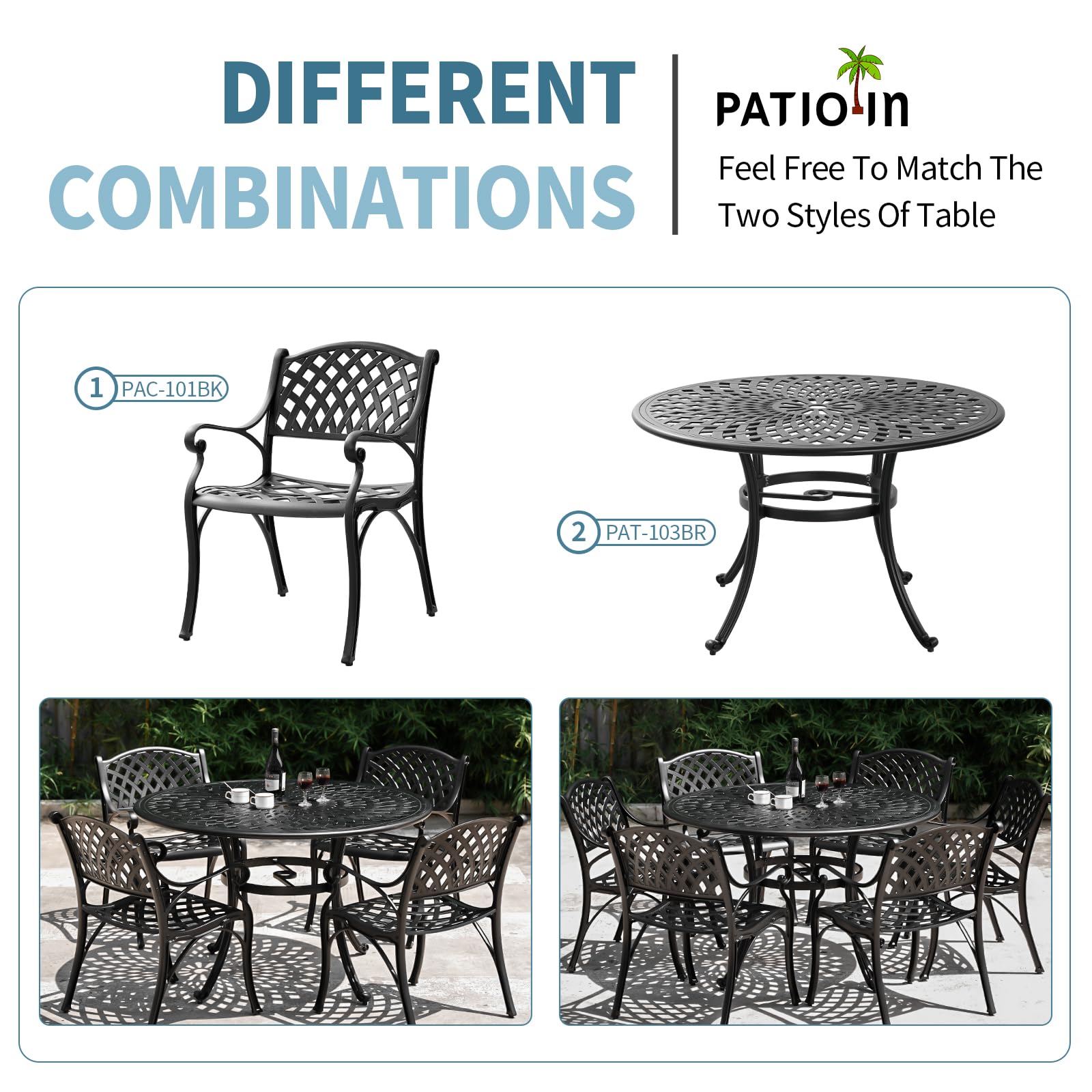 PATIO-IN Cast Aluminum Patio Dining Chairs Set of 4, All Weather Cast Aluminum Bistro Chairs with Armrest, Patio Bistro Chairs, 4 Piece Outdoor Dinning Chairs for Balcony, Backyard, Garden