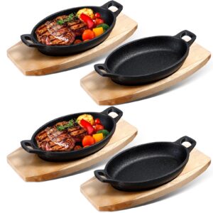 mifoci set of 4 cast iron mini oval serving dish pans with wooden base 8oz mini cast fajitas iron small iron skillet dishes black little pans skillets for baking roasting (8.5 x 6.1 x 1.7 inch)