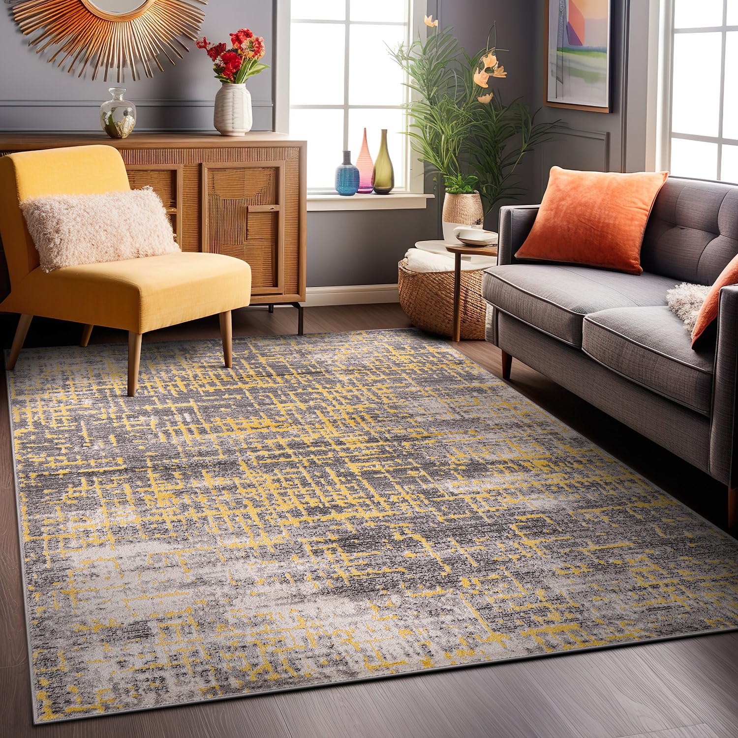 Rugshop Distressed Abstract Design Non Shedding Soft Ideal for Living Room,Bedroom,Kitchen Area Rug 5' x 7' Yellow