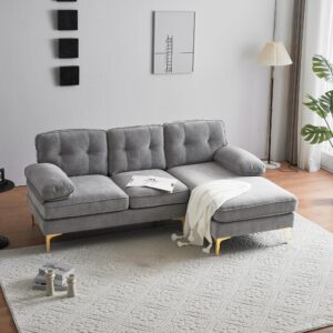 P PURLOVE Modern 3 Seater Sectional Sofa, L Shape Sofa with Comfortable Soft Back and Armrest, Modern Luxury Velvet Couch with Strong Metal Legs for Living Room Bedroom (Light Grey)